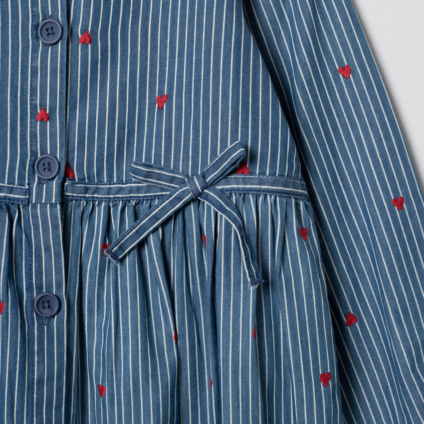 Robe manches longues rayée en chambray à coeurs brodés pour enfant fille | Orchestra